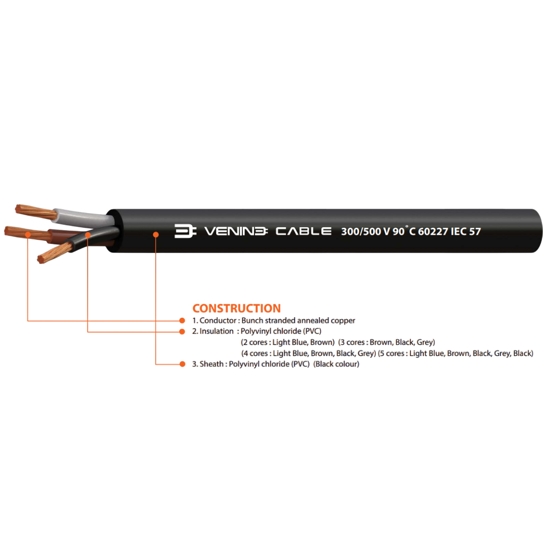 สายไฟ VENINE รุ่น 300/500 V 90˚C 60227 IEC 57 พื้นที่หน้าตัด 0.75 จำนวนแกน 3 ประเภทของตัวนำ 5 ...
